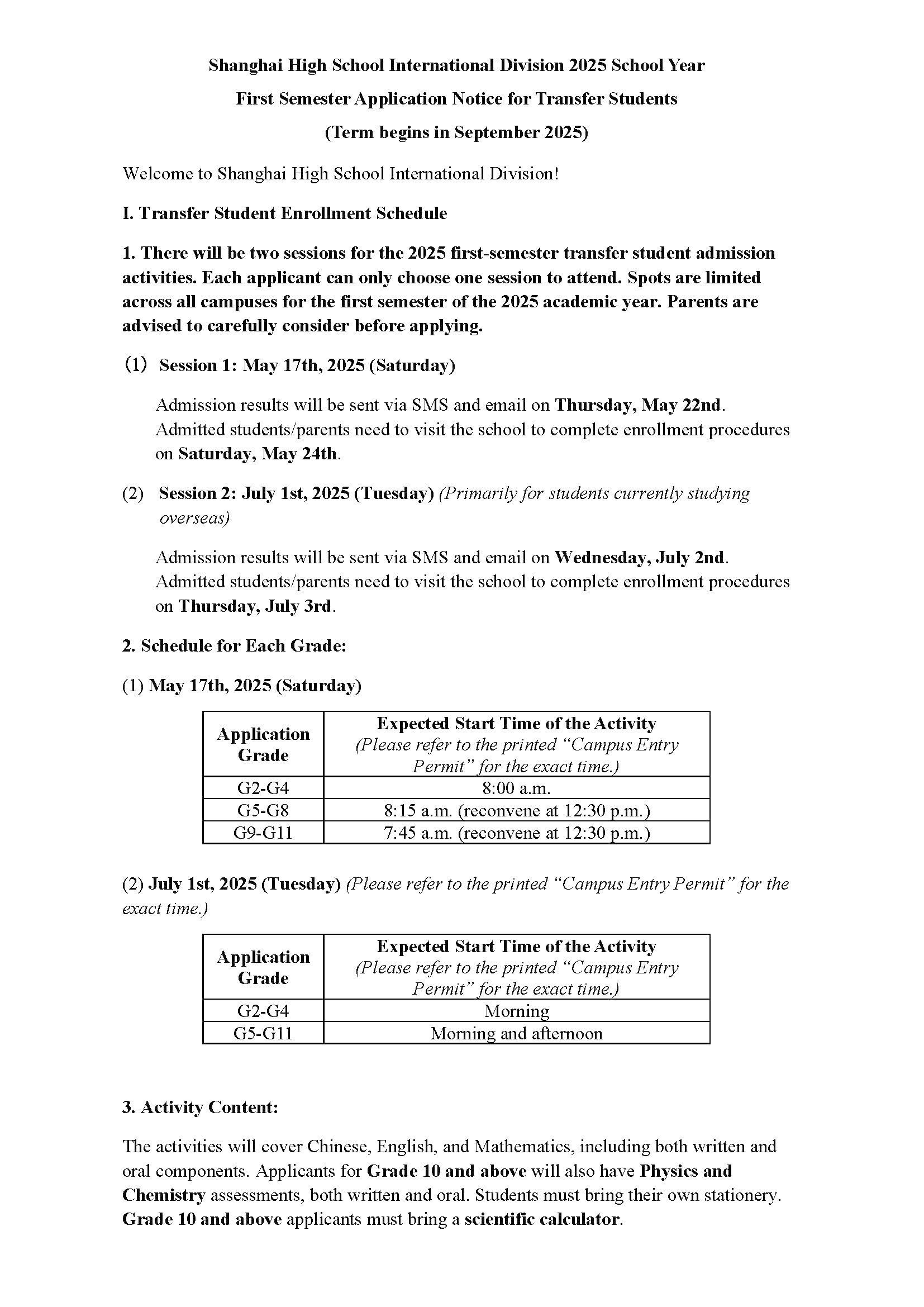 Transfer Students-Shanghai High School International Division